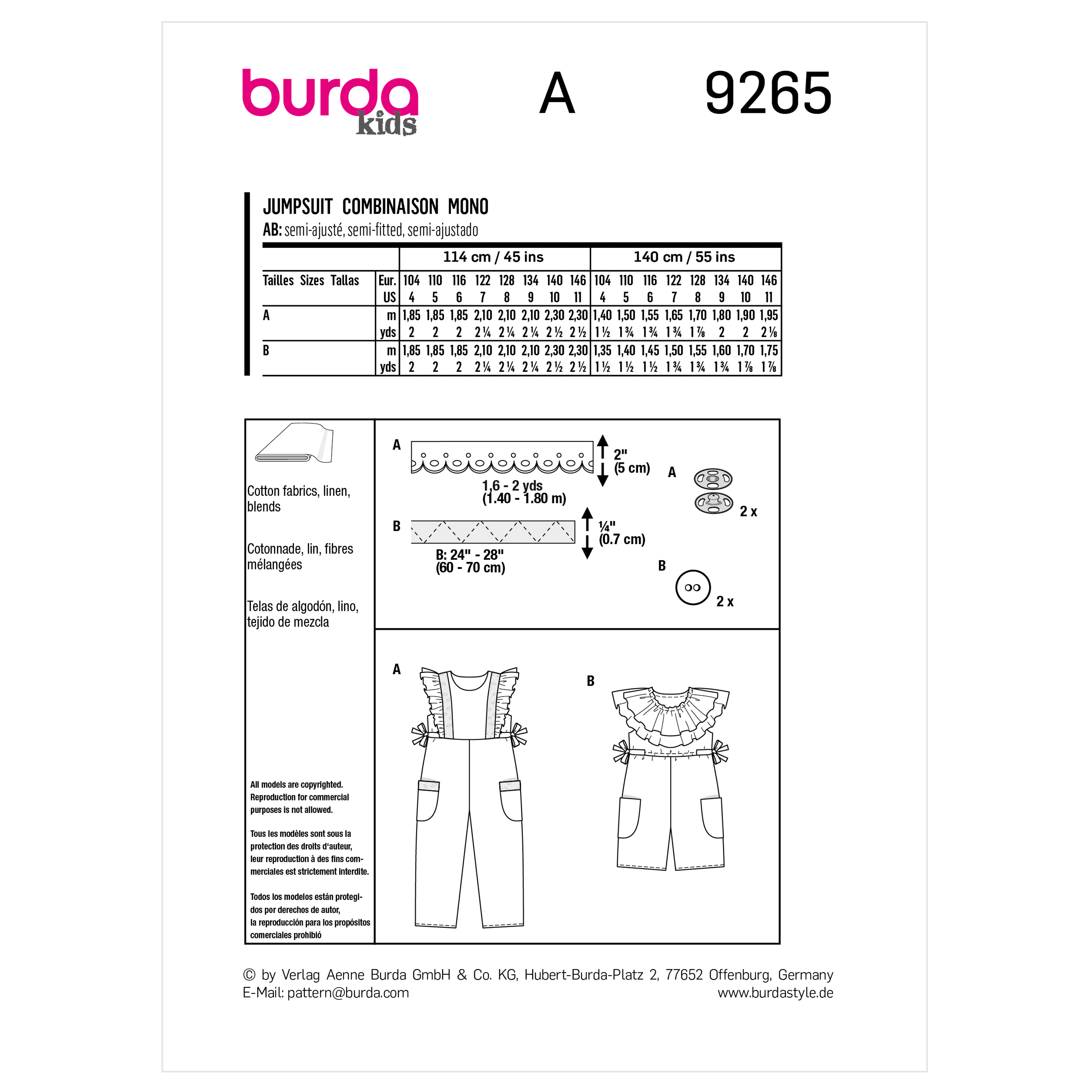 Burda 9265 Children's Overalls