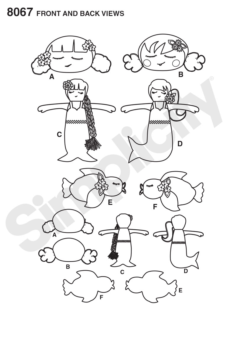Simplicity 8067 Stuffed Doll Face Pillows, Mermaids and Birds