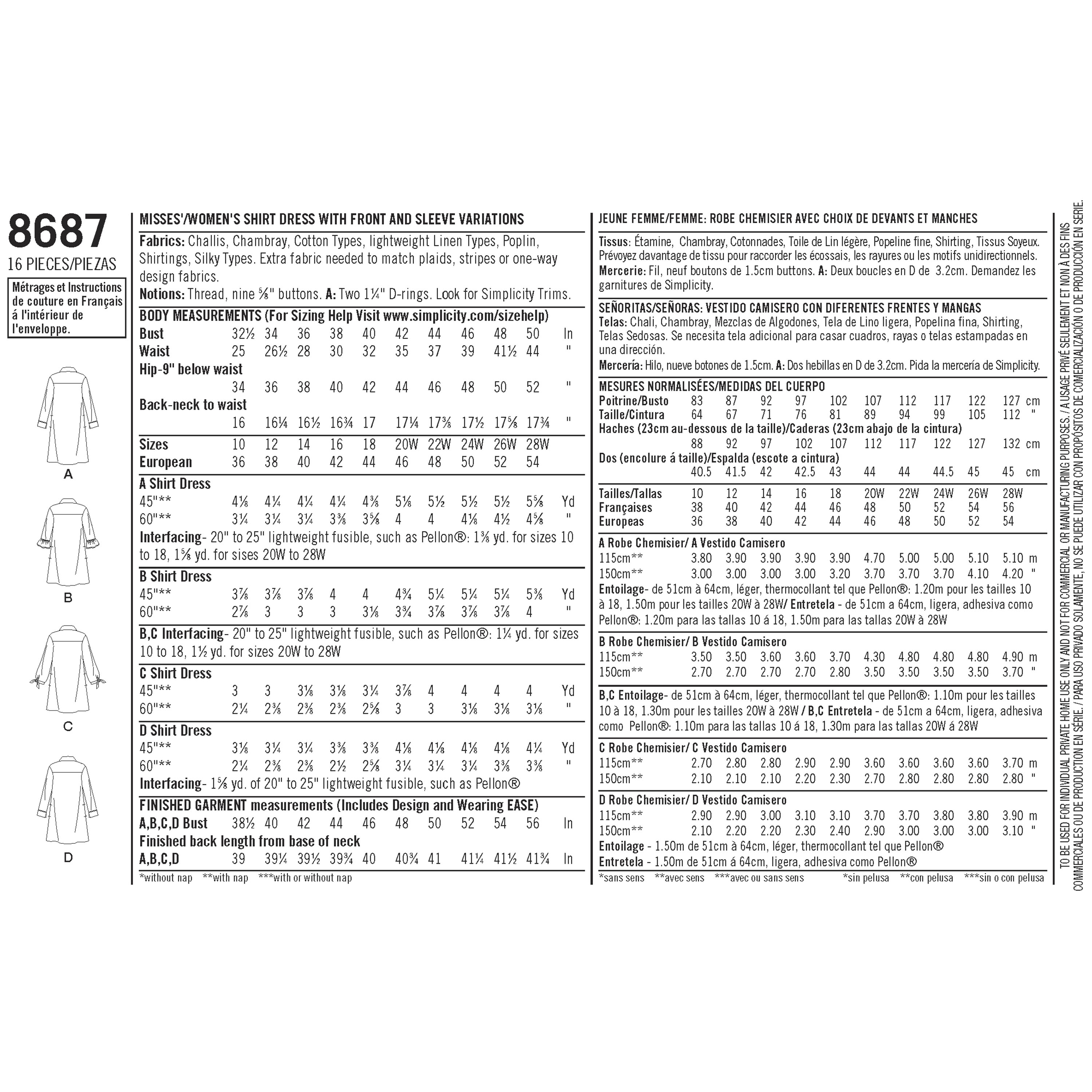 Simplicity 8687 Misses'/Women's Shirt Dresses