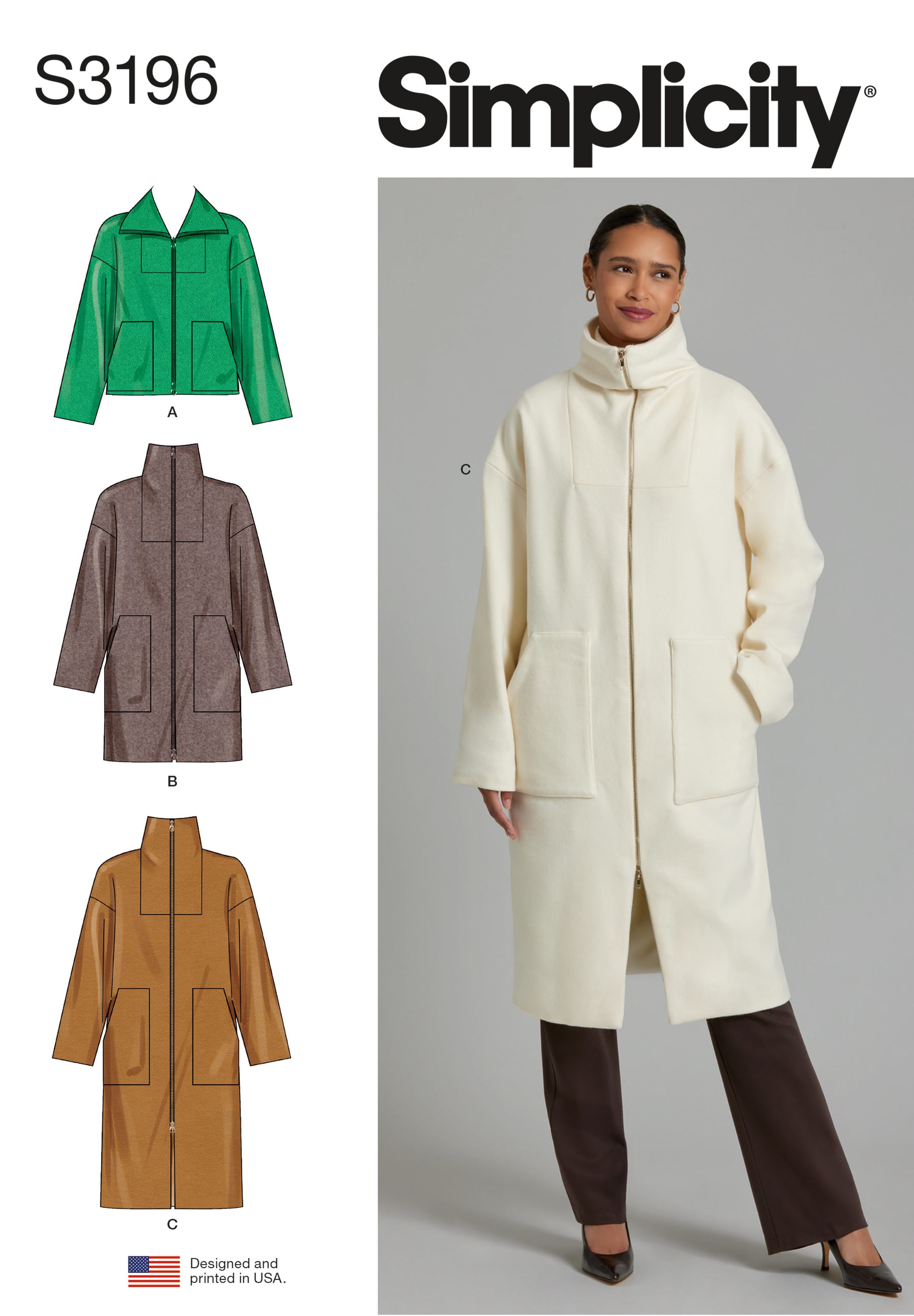 Simplicity 3196 Misses' High Collar Coat in Three Lengths