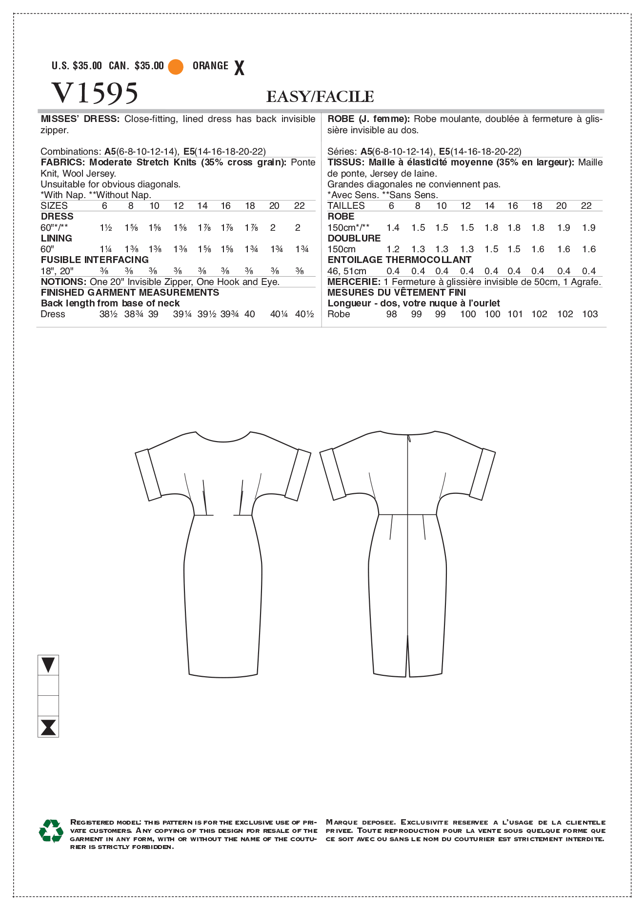 Vogue Patterns 1595 MISSES' DRESS