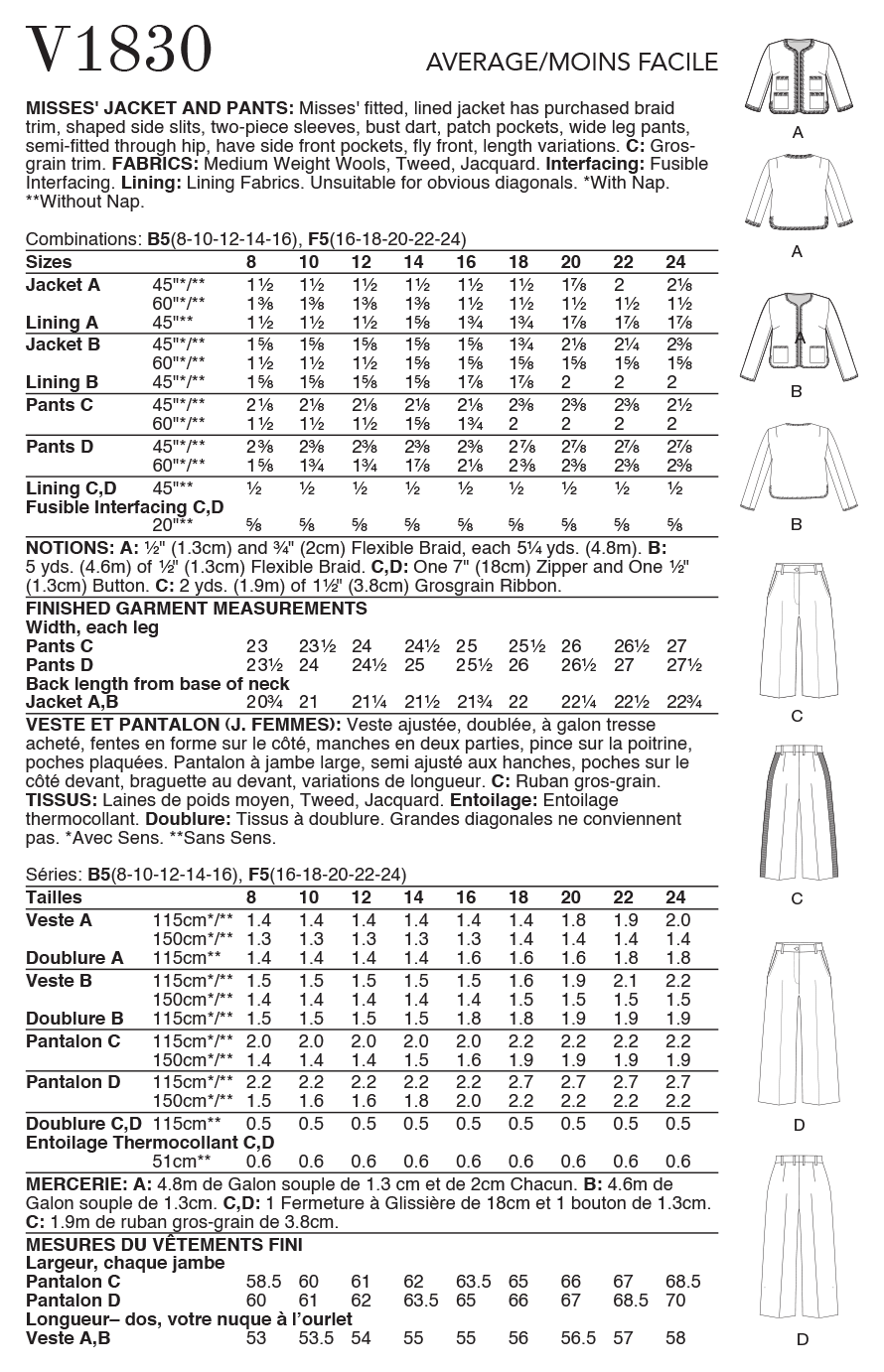 Vogue Patterns 1830 Misses' Jacket and Pants