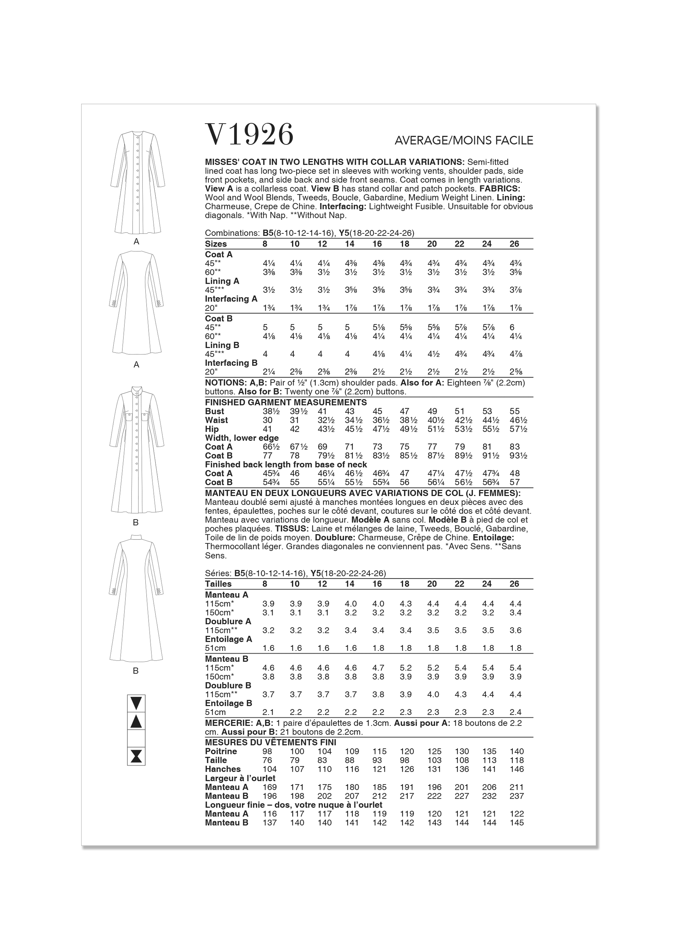 Vogue Patterns 1926 Misses' Coat in Two Lengths with Collar Variations
